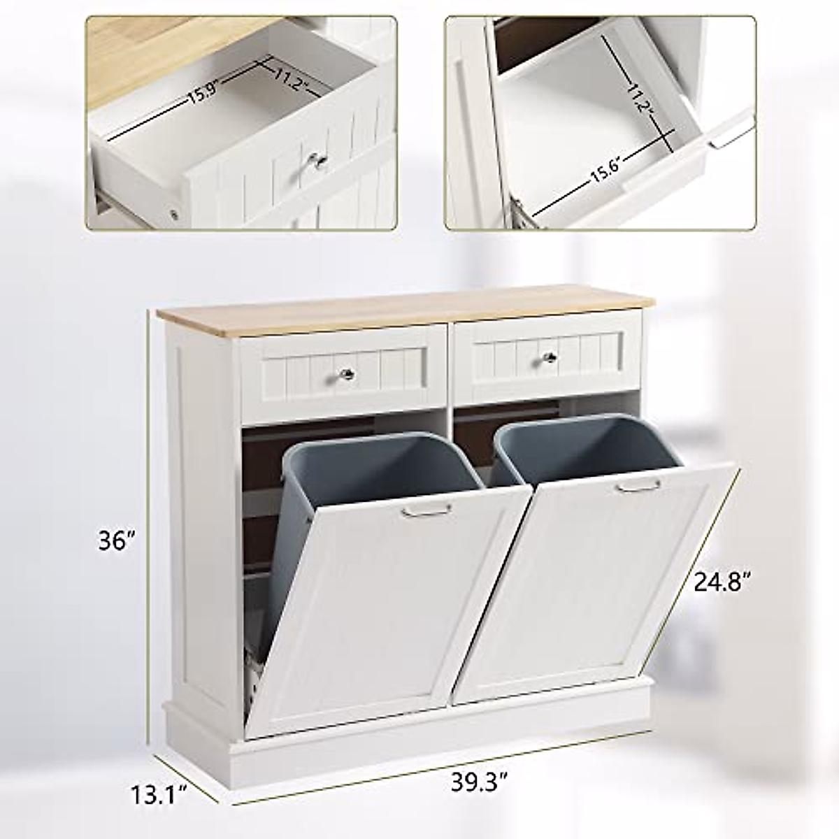 LOUVIXA Tilt Out Trash Can Cabinet Dog Proof with Double Wood Hidden Holder, Kitchen Free Standing Recycling Cabinet（White）