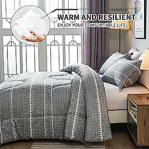 Andency King Size Comforter Set Grey, 3 Pieces Bedding Comforter Sets (1 Geometric Striped Comforter & 2 Pillowcases), Gray Bohemian Summer Lightweight Microfiber Down Alternative Bed Set