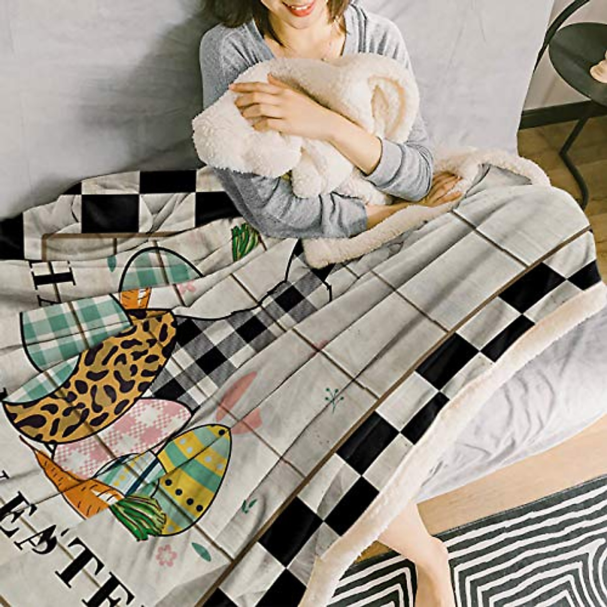 Easter Buffalo Bunny Throw Blanket for Couch,Leopard Egg Fuzzy Fluffy Super Soft Furry Plush,Black Check Farm Plank Comfy Thick Sherpa Throws and Blankets for Sofa Bed Decor