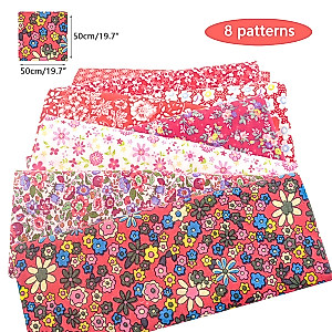 100% Cotton Fabric for Sewing-8 Pieces (20"x20"), Floral Cotton Craft Fabric, Bundle Squares Fabric, DIY Cloths Patchwork, Material for Quilting, Pre-Cut Quilting Fabric(Red)