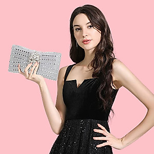 Chaliwini Bow Clutch With Rhinestone Silver Purses for Women Evening Bag Party Flower handbag (Silver)