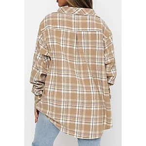 CHYRII Women's Flannel Plaid Shirts Long Sleeve Button Down Shacket Jacket Coat Outwear Fall Clothes Tan XXL