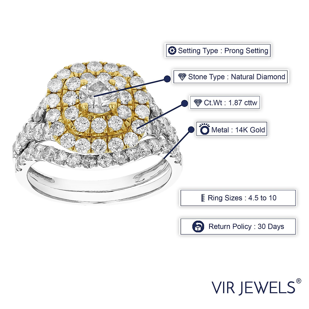 Vir Jewels 1.87 cttw Diamond Wedding Engagement Ring Set 14K Yellow Gold Bridal Size 7
