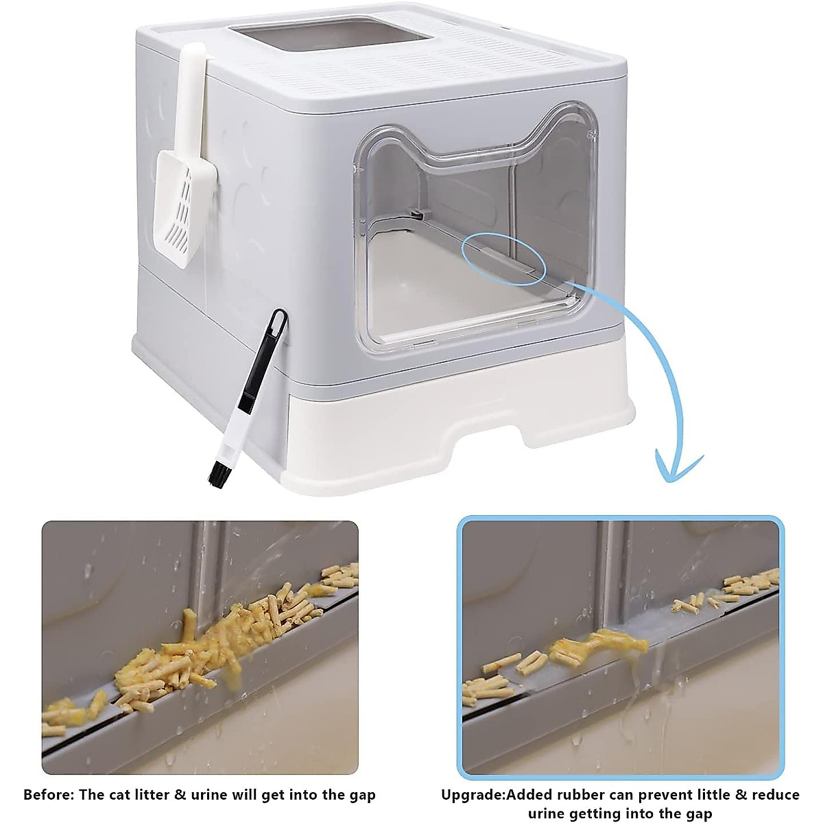 Foldable Cat Litter Box with Lid, Enclosed Cat Potty, Top Entry Anti-Splashing Cat Toilet, Easy to Clean Including Cat Litter Scoop and 2-1 Cleaning Brush (Grey) Large