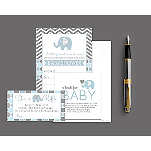 Paper Clever Party Blue Elephant Baby Shower Invitation Bundle with Blank Invites with Envelopes for Boys Diaper Raffle Tickets Bring a Book Insert Cards Set (25 of Each) Jungle Theme Royal Prince