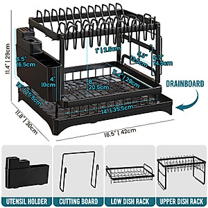 TAILI Dish Drying Rack for Kitchen Counter with Drainboard, Large 2 Tier Dish Rack and Drainboard Set with Cutlery Holder, Cup Holder & Utensil Holder, Rustproof Sink Dish Drying Rack