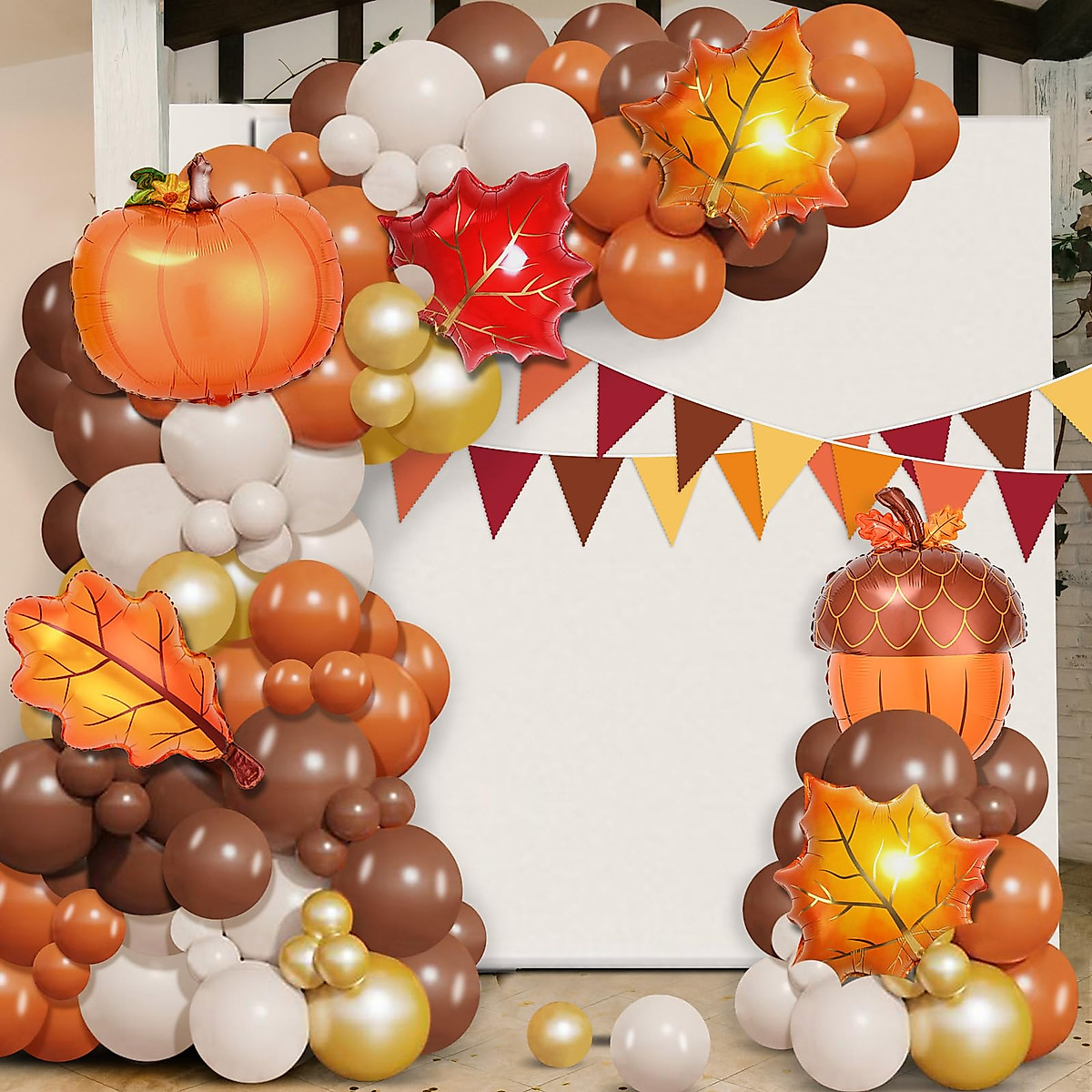 Fall Thanksgiving Decorations Balloon Garland Arch Kit Orange Brown Coffee Foil Balloons Triangle Flag for Autumn Little Pumpkin Baby Shower Birthday Party Supplies