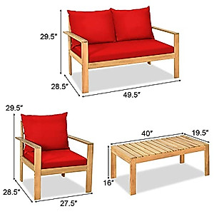 LUKEO 4PCS Patio Furniture Set Acacia Wood Thick Cushion Loveseat Sofa Red Spend Time with Your Family On The 4-8 Persons Set