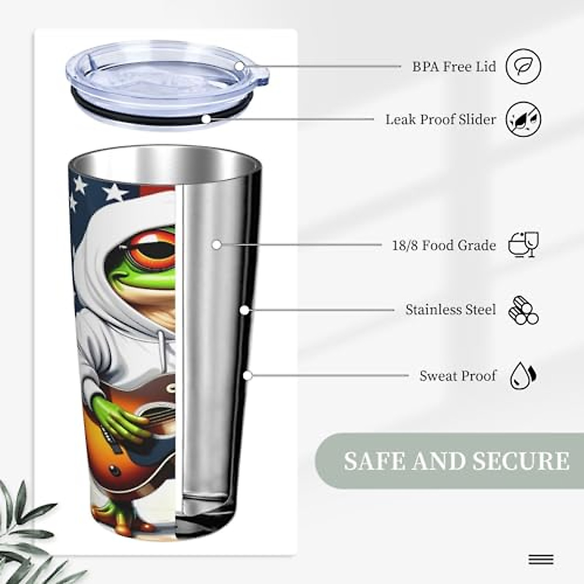 IYERSKD Funny Frog with Guitar American Flag 20 oz Stainless Steel Tumbler Vacuum Insulated Leakproof Travel Mug for Car Office Gym
