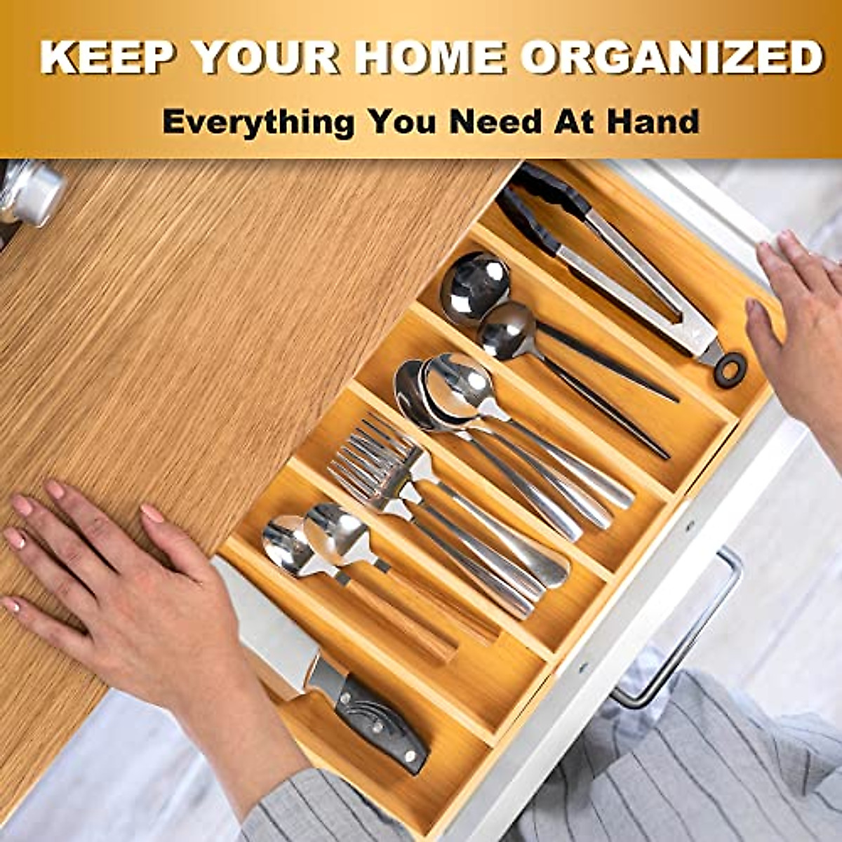 Besilord Expandable Utensil Organizer Silverware Organizer for Kitchen Adjustable Utensils Holder Bamboo Large Flatware Silverware Cutlery in Drawer