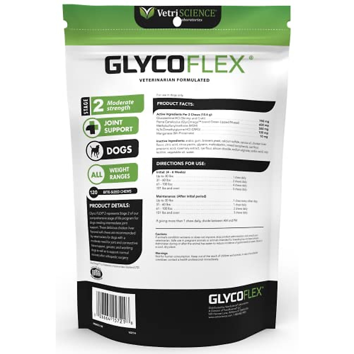 VetriScience Glycoflex 2 Hip and Joint Supplement for Working and Active Dog Breeds, Chicken, 120 Chews - Joint and Mobility Support for Competitive and Maturing Dogs