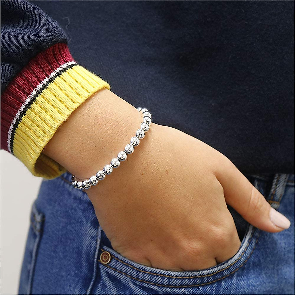 ARGENTO REALE 925 Sterling Silver Necklace Italian Handmade 4MM-10MM Bead Ball Chain Bracelet and Necklace for Women, Silver Bead Bracelet, Womens Silver Bracelets