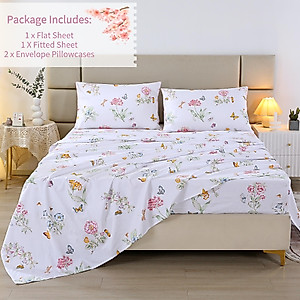 RYNGHIPY Egyptian Cotton Bed Sheets Full Size Set Garden Botanical Flowers Butterfly Sheets Set with Pillowcases Ultra Soft and Breathable Deep Pockets (White,Full Size)