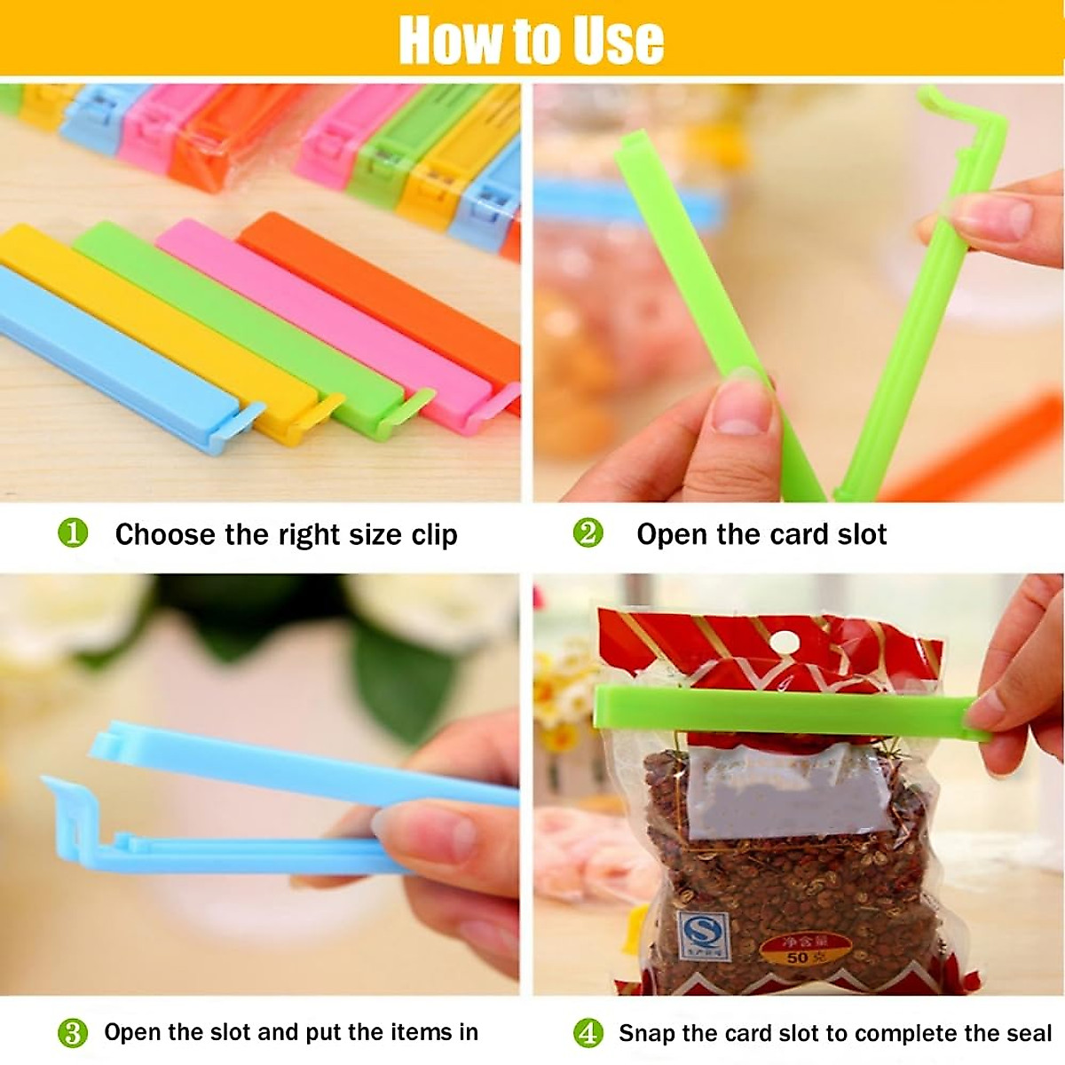 FUPUAII 32 Pcs Bag Closers for Chips, Bag Clips for Food, Moisture-Proof Seal, Food and Snack Storage Clips, 2 Sizes (4.5in and 2.7in)