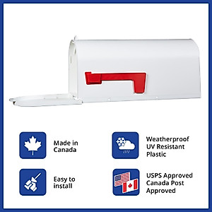 Plastic Rural Curbside Post Mount Mailbox - Weatherproof - Parcels Home Delivery - Lightweight - Made in Canada - 19'' x 10'' x 7'' (White)