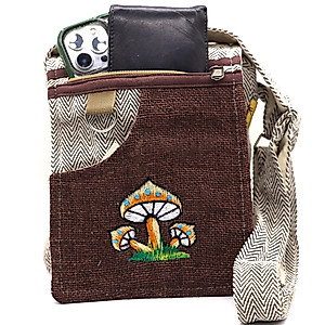 Himalaya Handmade Unique design Mushroom Embroidery Hemp Hobo Passport crossbody bag Festival Travel Bag 100% Himalaya Hemp FAIR TRADE Brown