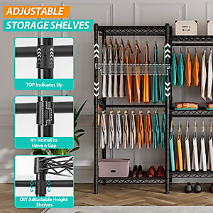 PUNION Heavy Duty Clothes Rack,Wire Garment Rack for Hanging Clothes,Multi-Functional Bedroom Clothing Rack with 5 Hanger Rod,7 Shelves,2 Side Hooks,Extra Wide 86"W X18”D X77”H, Max Load 1500LBS,Black