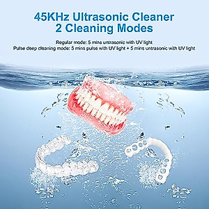 Ultrasonic UV Retainer Cleaner Machine - 45kHz Ultrasonic Cleaner for Dentures, Aligner, Mouth Guard, Whitening Trays, Toothbrush Head, 5/10 Minute Ultrasonic/Pulse Cleaning for Jewelry, Diamonds