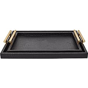 MACVAD Set of 2 Modern Elegant Large Wood Serving Tray, Silver Crocodile Leather with Gold Polished Metal Handles, Rectangle Decorative Tray for Ottoman Coffee Table Living Room