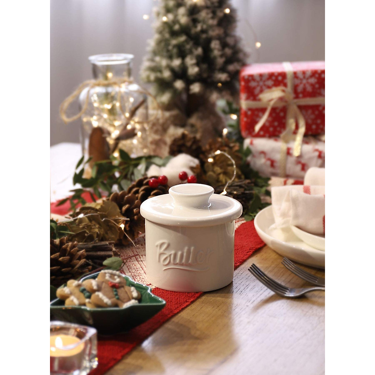 Sweese 322.101 Porcelain Butter Crock Keeper - French Butter Dish with Lid - Butter Relief, White