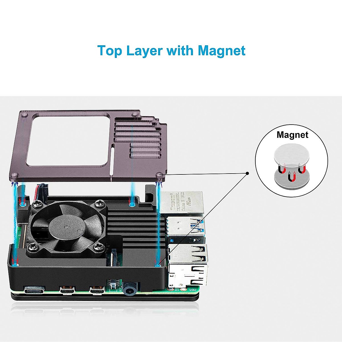 Smraza Case for Raspberry Pi 4, Metal Case for Raspberry Pi 4 Model B with Cooling Fan 35MM, Case Aluminum Alloy Enclosure with 4 PCS Heatsinks Pillar Thermal Adhesive Black (RPI Board Not Included)