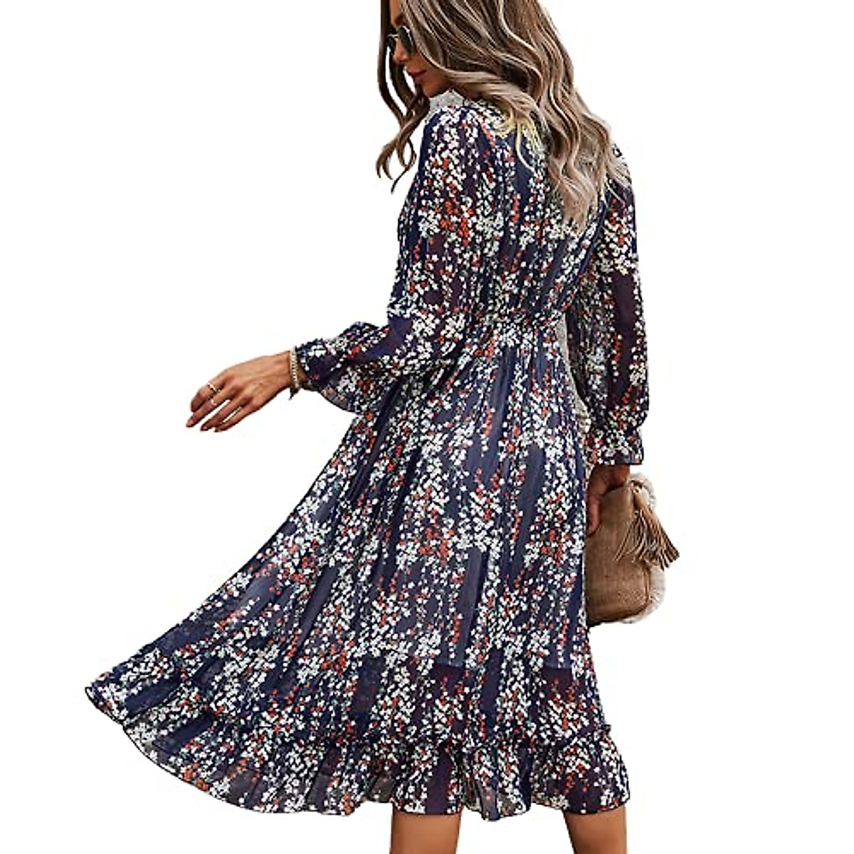 MOPOOGOSS Womens Junior Casual Summer Spring Ruffle Elegant Floral Long Sleeve Sexy V Neck Cute Chiffon Boho Beach Tunic Swing A Line Flowy Long Beach Casual Dresses for Women Navy M