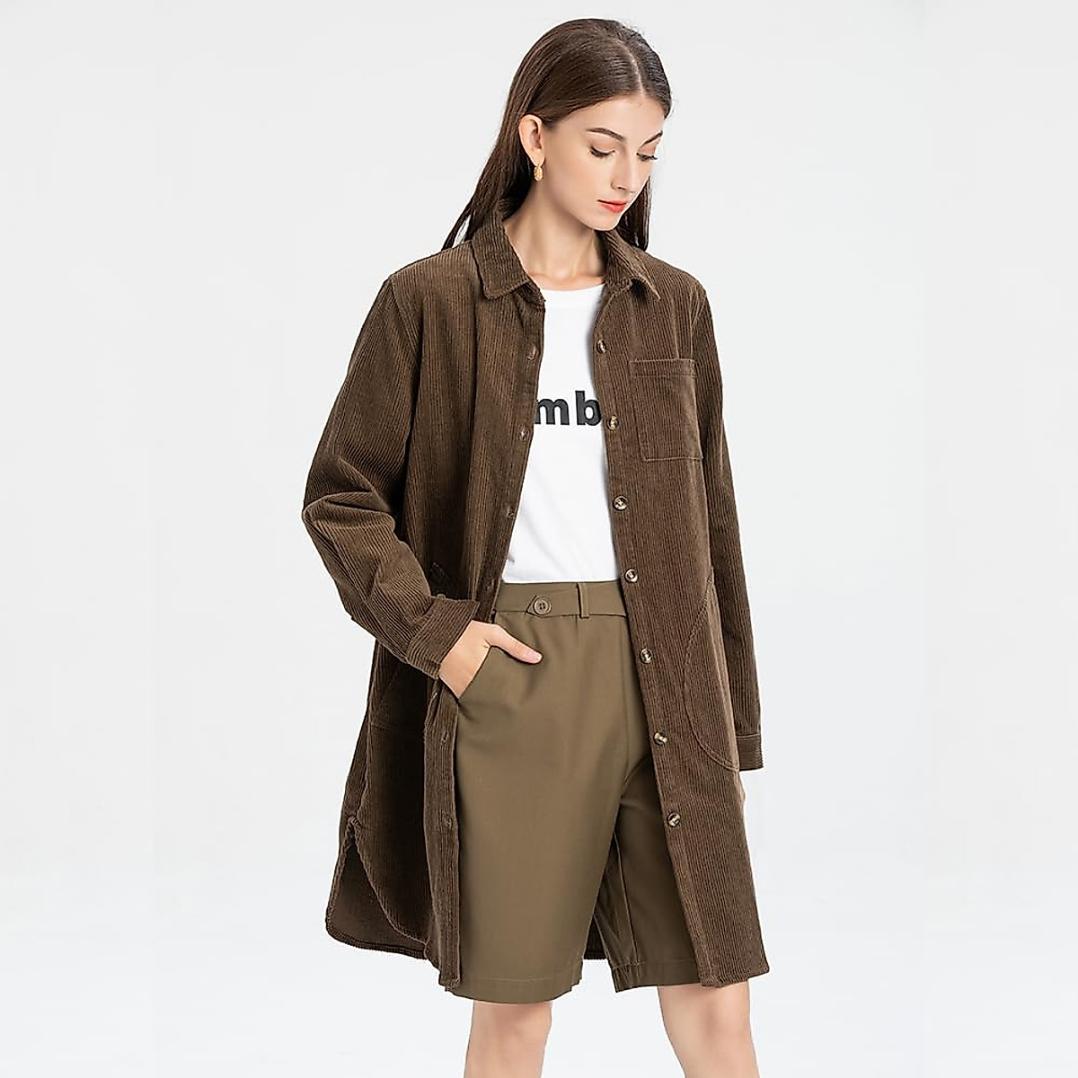 Minibee Women's Corduroy Shirt Coats Long Sleeve Button Down Blouses Tops with Pockets Coffee XL