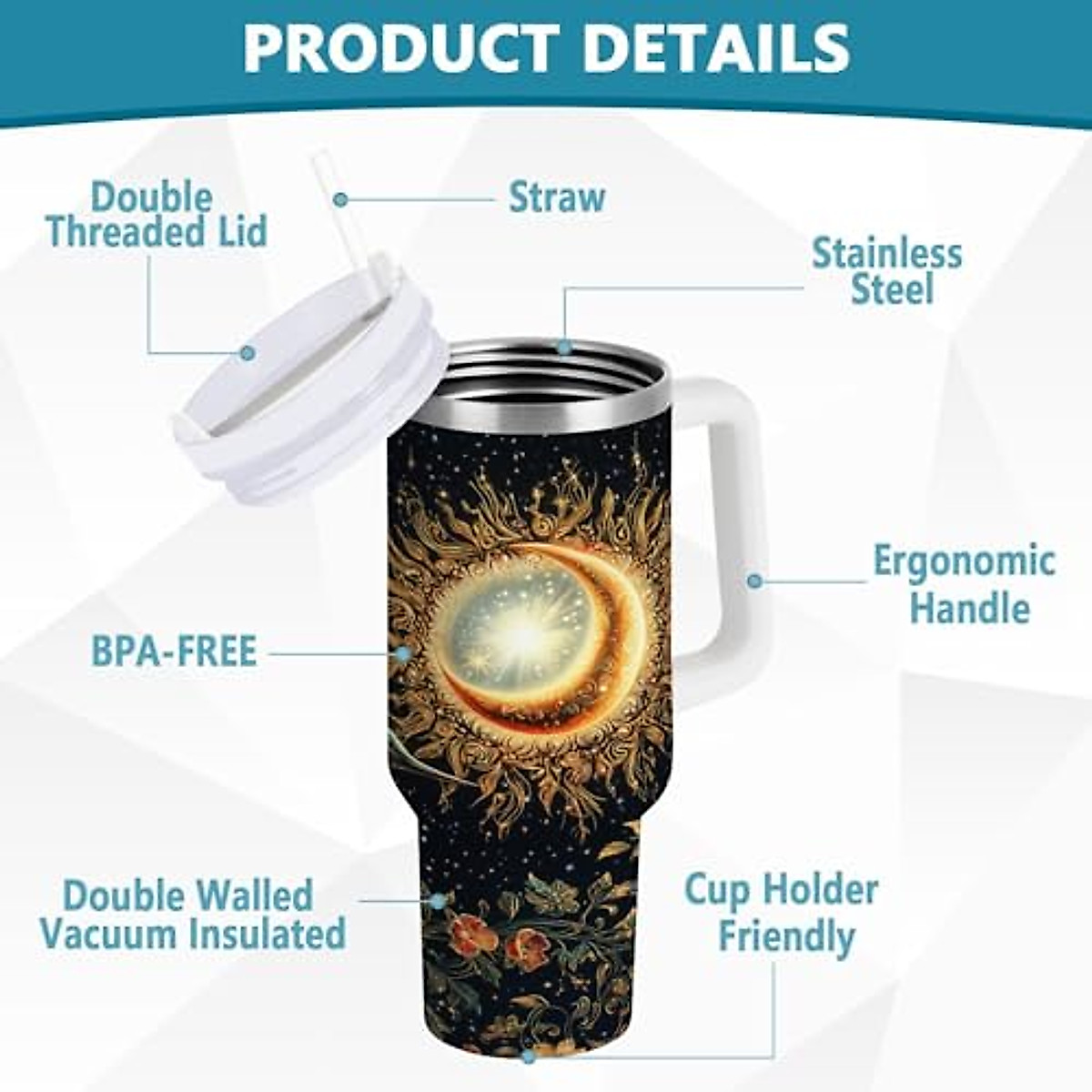 Slewiaeky Tumbler with Handle 40 oz Multicolor Sun Golden Bird Travel Mug with Lid and Straw Stainless Steel Vacuum Insulated Water Bottle Cup for Iced Tea Coffee Cold Beverages Cup Holder Friendly