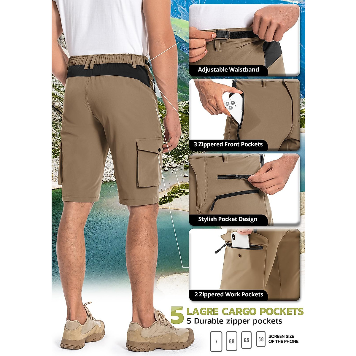 Hiauspor Men's Hiking Cargo Shorts Quick Dry Lightweight Casual Fishing Tactical Golf for Outdoor with 5 Pockets(Khaki, Medium)