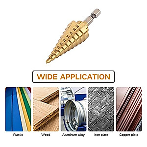 HSS Titanium Coated Step Drill Bit Set, 1/4" Hex Shank Quick Change Cone Bits Hole Expander for Wood and Metal, 10 Step Sizes from 4mm to 22mm