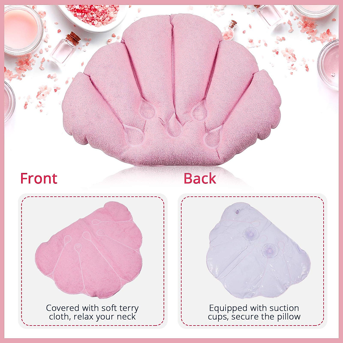 Jetec 3 Pieces Inflatable Bath Pillow with Suction Cups, Terry Cloth Covered Shell Shape Bathtub Spa Pillow Comfortable Soft Cushion, Neck Support(Pink, Blue, White)