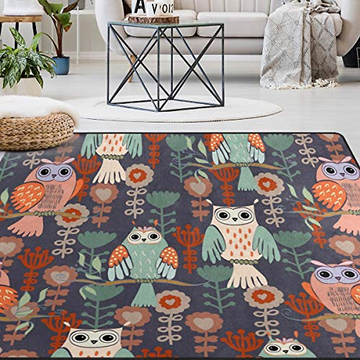 Naanle Animal Owl Non Slip Area Rug for Living Dinning Room Bedroom Kitchen, 4'x6'(48x72 inches), Owl on Tree Nursery Rug Floor Carpet Yoga Mat