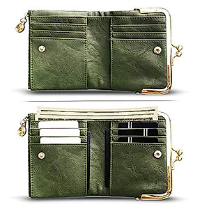 AOXONEL Womens Wallet Small Rfid Ladies Compact Bifold Leather Vintage Coin Purse With Zipper and Kiss Lock (Green)