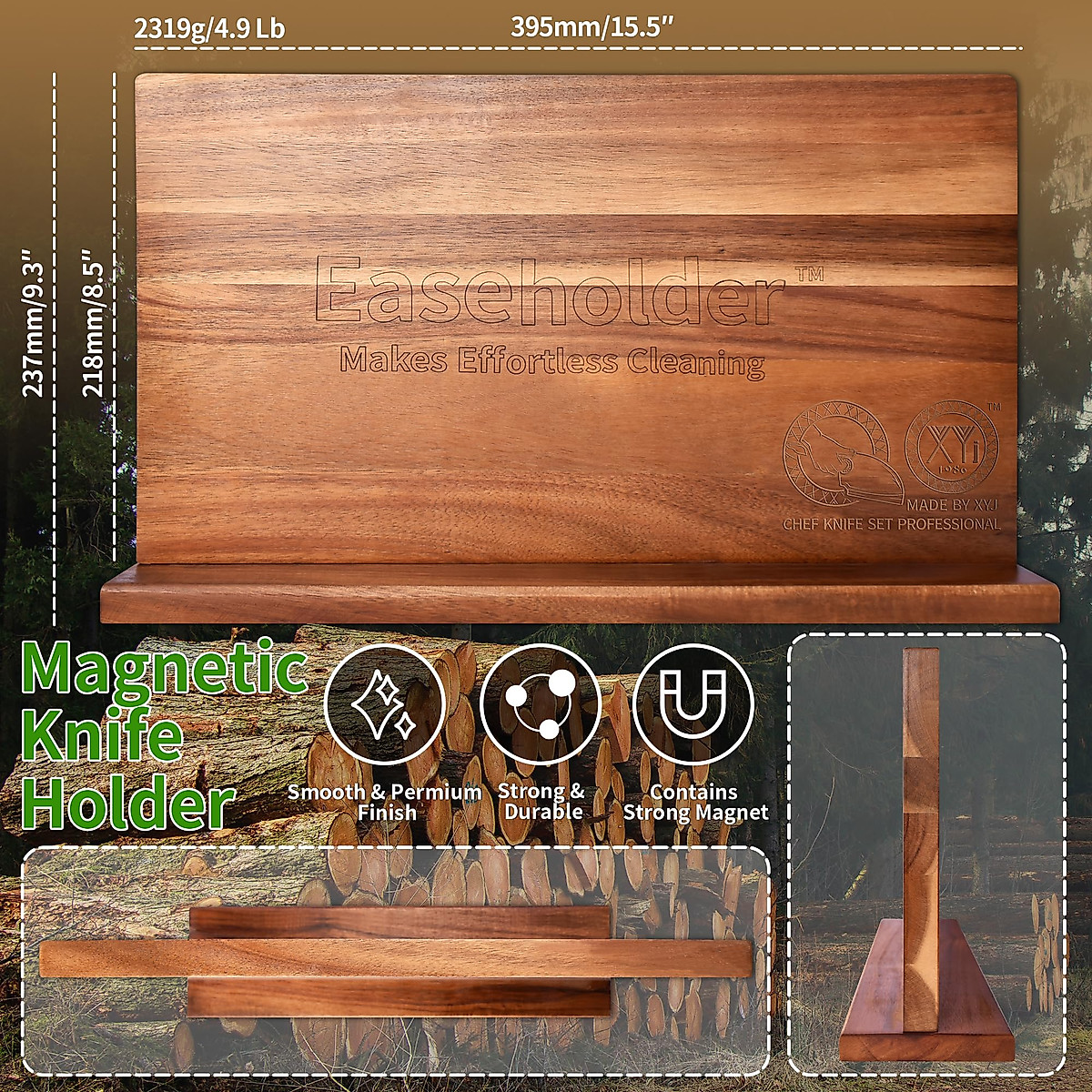 Easeholder Magnetic Knife Block Natural Wooden Double Side Knife Holder Stand with Strong Enhanced Magnets Mutifunctional Kitchen Cutlery Organization Storage Rack