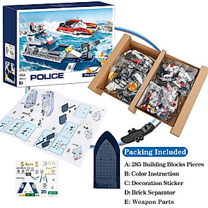 COGO MAN City Police Patrol Boat Building Blocks with Race Boat, Coast Guard Ship Cop Chase Crook Boat Building Toys, Police Toy Gift for Boys Kids Aged 6-12, 285 Pieces