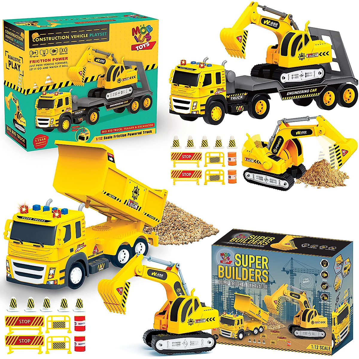 MOBIUS Toys 4-in-1 Construction Vehicle Bundle - 1:12 Scale Dump Truck, Flatbed and 2 Excavators with Lights and Sounds, Push and Go Realistic Big Truck Toy, Construction Vehicle Excavator Toy