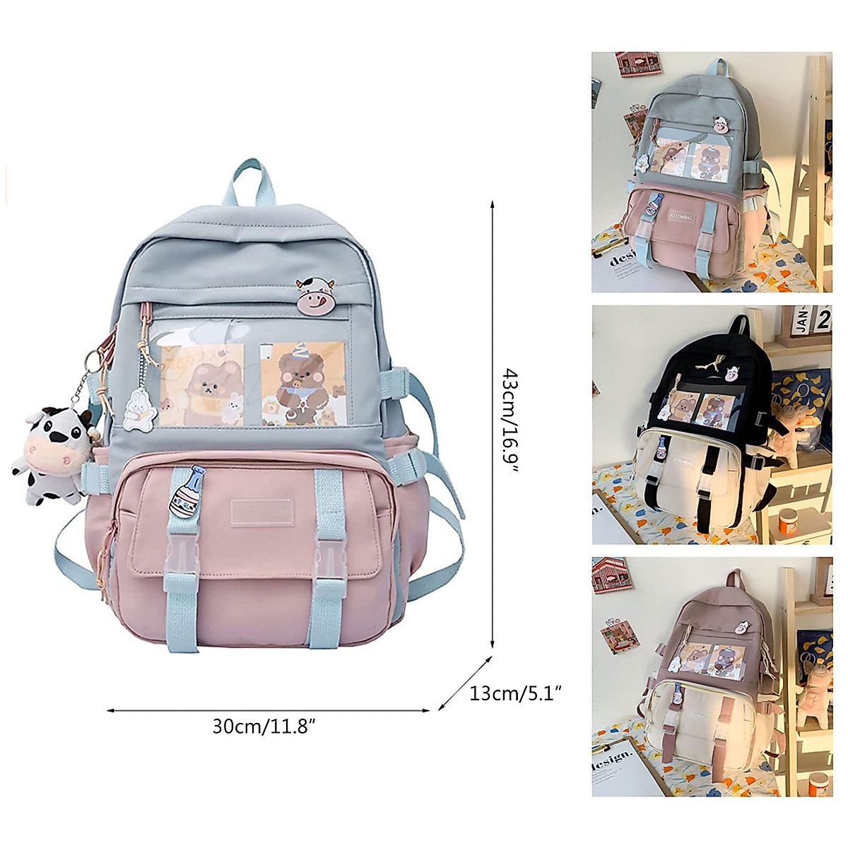 Eagerrich Cute Backpack with Cute Pin Accessories Plush Pendant Lovely Pastel Rucksack for School Bag Student Teen Girls Aesthetic Student Bookbags Super-Capacity Waterproof Travel Backpack(Black-4)