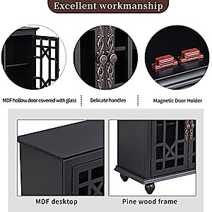 P PURLOVE 60" Long Wood Storage Cabinet with Adjustable Height Shelves,Sideboard Table Cabinet with Metal Handles and 4 Doors for Living Room, Bedroom, and Hallway,Black