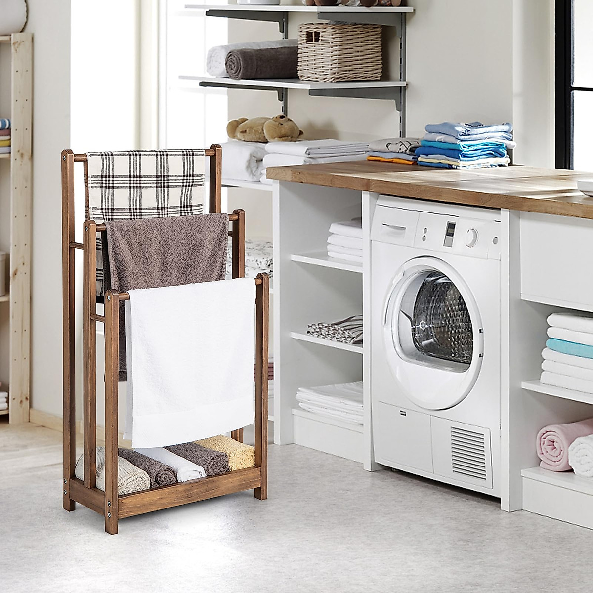 Giantex Towel Rack for Bathroom - 3 Tier Freestanding Towel Racks with Storage Shelf, Wood Hand Towel Drying Stand, Blanket Holder for Living Room, Laundry Room, 18" L x 9" W x 34" H (Rustic Brown)