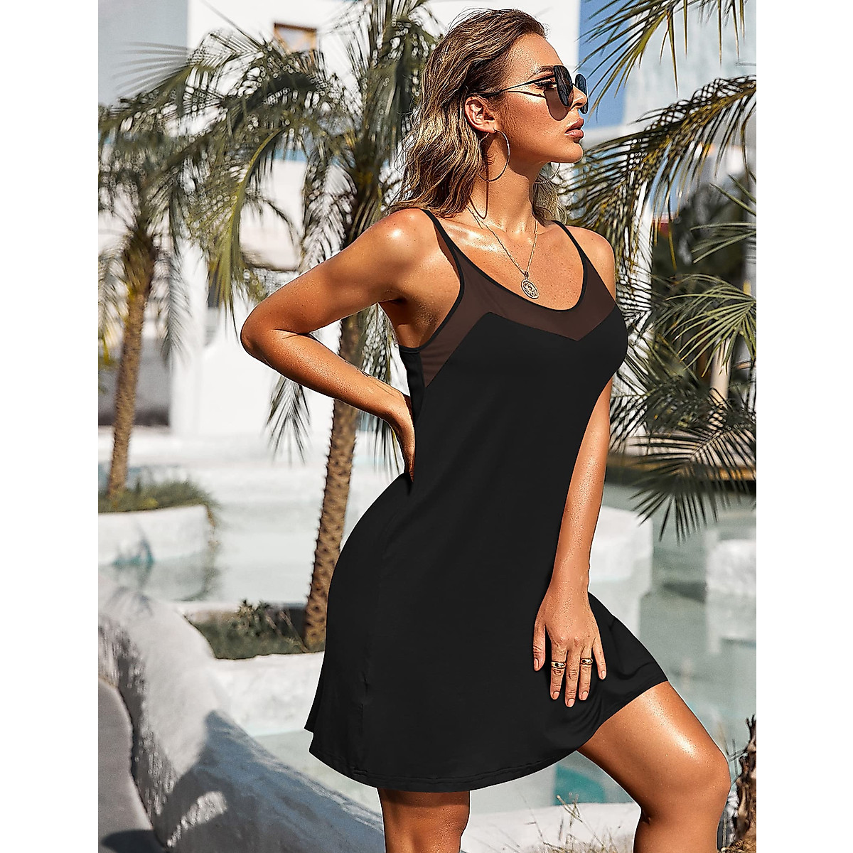 Ekouaer Nightgowns for Women Mesh V Neck Tank Chemise Sleeveless Sleepwear Silp Nighty Dress Short Camisole Sleep Dress, Black, XX-Large