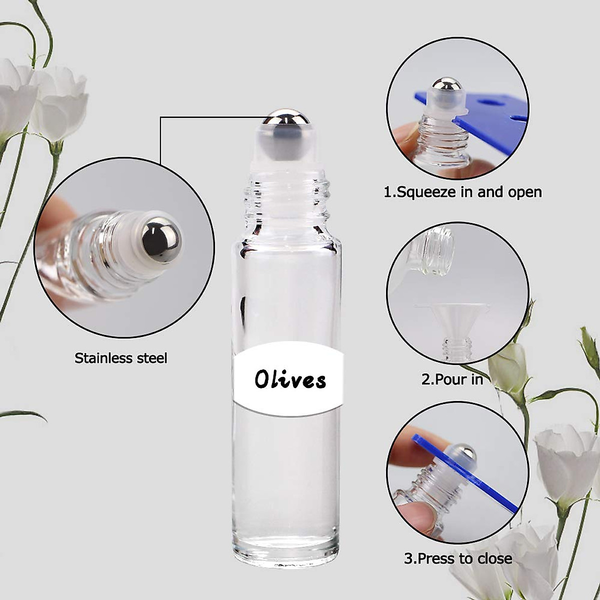 sungwoo 25 Pack Essential Oil Roller Bottles, 10ml Clear Glass Roller Bottles with Stainless Steel Roller Balls and Caps for Travel, Perfume and Lip Gloss