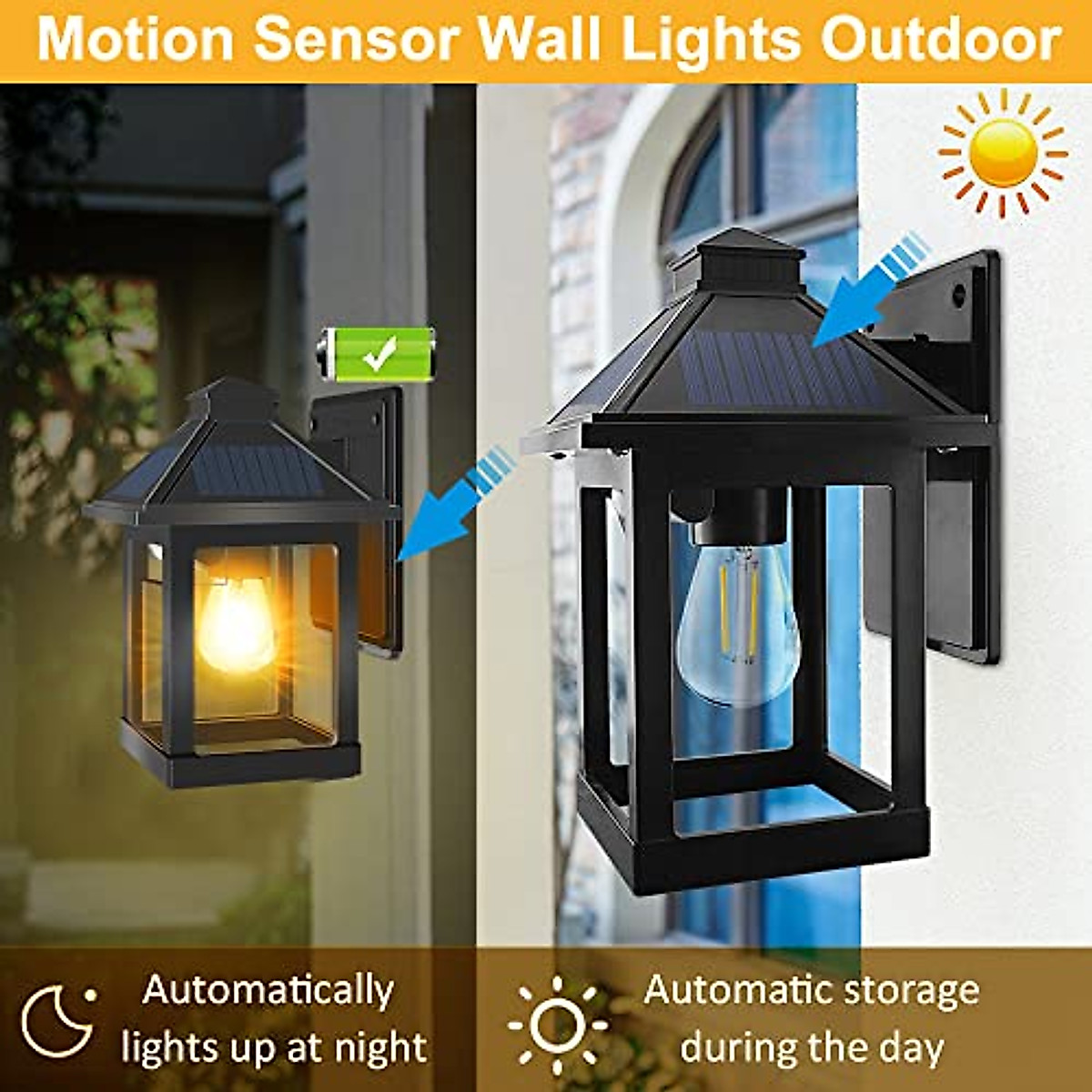 INDARUN Solar Wall Lantern Lights with 3 Modes, Solar Lights Outdoor Waterproof, Dusk to Dawn Motion Sensor LED Wall Sconce, Porch Barn Light, Warm White Lighting for Garage, Yard, Patio