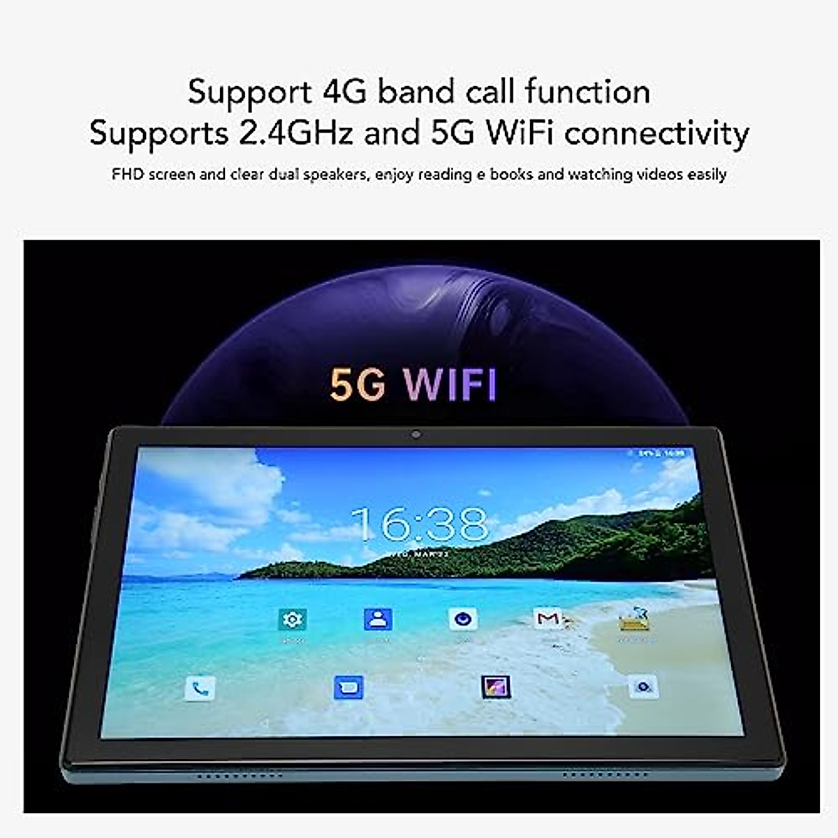 fannay 10.1 Inch Tablet, 100-240V Blue Tablet PC 8MP Front 16MP Rear 8GB 256GB 2 in 1 5G WiFi for Android 12 for Learning (US Plug)