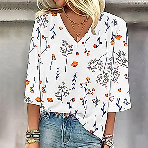 Todays Daily Deals Womens Summer Tops 3/4 Bell Sleeve V-Neck Fashion Floral Graghic Shirts Loose Lightweight Summer Vintage Blouses Beige XL