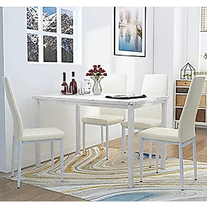 Recaceik Dining Table Set for 4, Kitchen Table and Chairs for 4, Faux Marble Kitchen Table Set with 4 Upholstered PU Leather Chairs, Dining Room Table Set for Kitchen Dining Room (White & White)