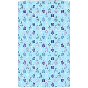 Pineapple Themed Fitted Mini Crib Sheets,Portable Mini Crib Sheets Ultra Soft Material-Baby Crib Sheets for Girl or Boy,24“ x38“,Baby Blue and Multicolor