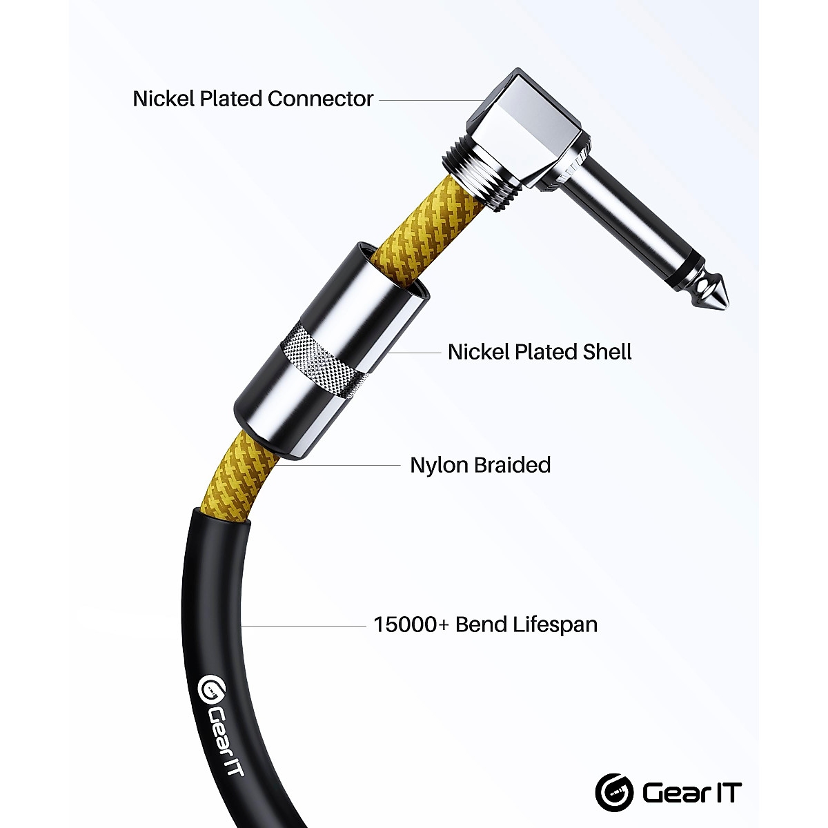 GearIT Audio Instrument Cable (10ft) Right Angle to Straight 1/4 Inch Male to Male for AMP Cord, Base and Electric Guitar - Black/White
