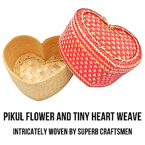 Bamboo Sticky Rice Serving Basket 6x5.2 Inch, Kratip, Intricately Woven Container, Heart-Shaped, American Flag, Thailand Handmade, Dyed with Natural Based (Red Pikul Flowers)