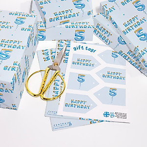 CENTRAL 23 Blue Wrapping Paper for Boys - Age Five - 6 Sheets Birthday Gift Wrap - Happy 5th Birthday Wrapping Paper - Comes With Stickers - Recyclable