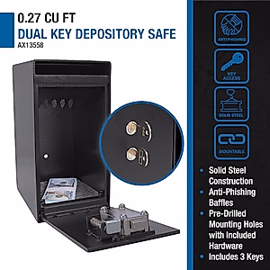 Barska AX13558 Dual Key Depository Safe 0.27 Cu Ft with Drop Slot and Quick Release Bolt, Black